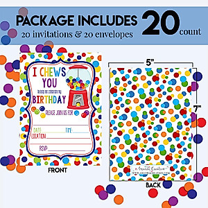 Cute Rainbow Colored Bubble Gum Themed Birthday Party Invitations for Kids, 20 5x7 Fill In Cards with Twenty White Envelopes by AmandaCreation…