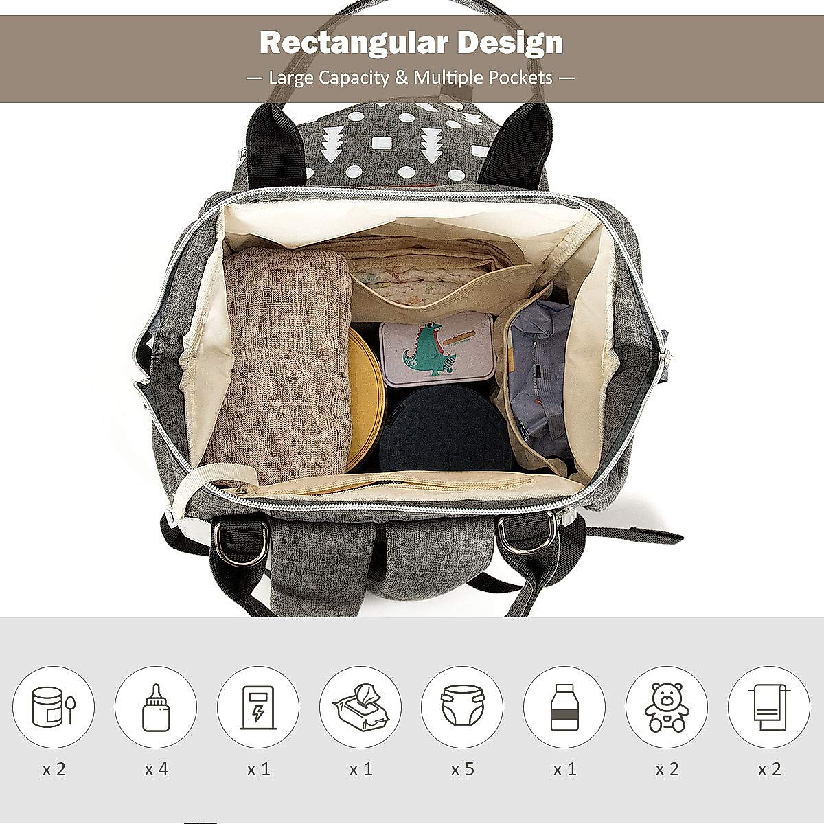 BABY JOY Diaper Bag Backpack, Waterproof Stylish Multifunction Large Capacity Travel Back Pack, Maternity Nappy Bag for Baby Care W/Stroller Straps, Changing Pad, Built-in USB Charging Port, Gray