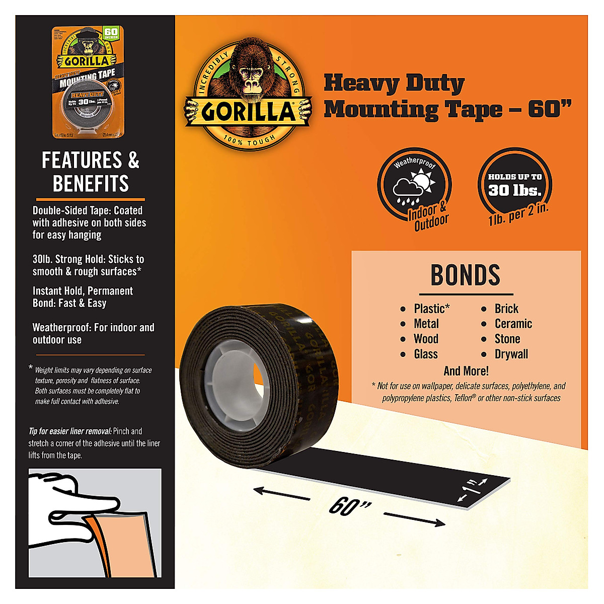 Gorilla - Heavy Duty Double Sided Mounting Tape, Weatherproof, 1" x 60", Black, (Pack of 2)