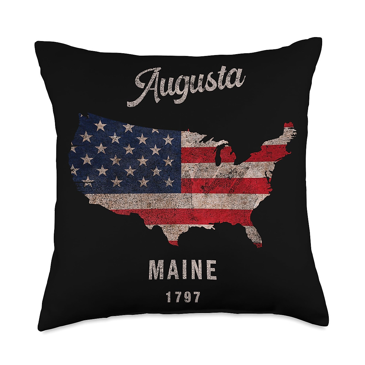 USA Classic Grunge Map Retro Apparel Augusta, Maine 1797 Throw Pillow, 18x18, Multicolor