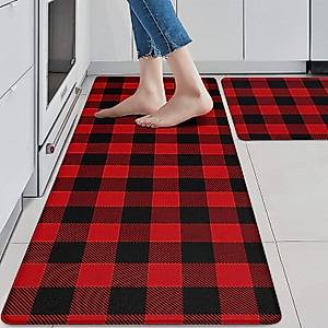 MAYHMYO Kitchen Mats Cushioned 2PCS Black and Red Kitchen Rugs Non Skid Waterproof Kitchen Floor Mat Memory Foam Cushioned Rugs Anti-Fatigue Mats for Kitchen Floor Offices & Laundries