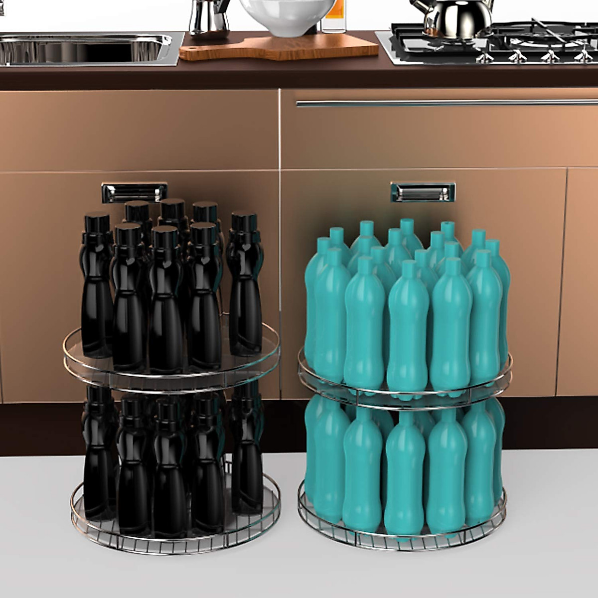 2 Tier Lazy Susan Large Shelf for Kitchen 13 inch,Tall Height Adjustable Turntable Spice Rack Spinner Cabinet Organizers and Storage,Rotating Under Sink Organizer,with PP Plastic Sheet (2 Tier)