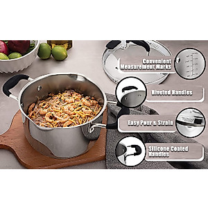 Rorence Stainless Steel Stock Pot with Pour Spout & Silicone Handles & Glass Lid with Strainer - 3.7 Quart