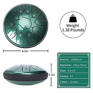 Ubblove Steel Tongue Drum 11 Notes 6 inch Handpan Drum Percussion Instruments with Mallets Bag for Meditation Musical Education Concert Party Gifts - Green