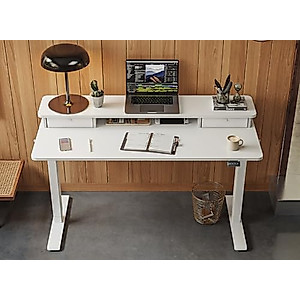 FEZIBO 55 x 24 Inch Height Adjustable Electric Standing Desk with Double Drawer, Stand Up Desk with Storage Shelf, Sit Stand Desk, White