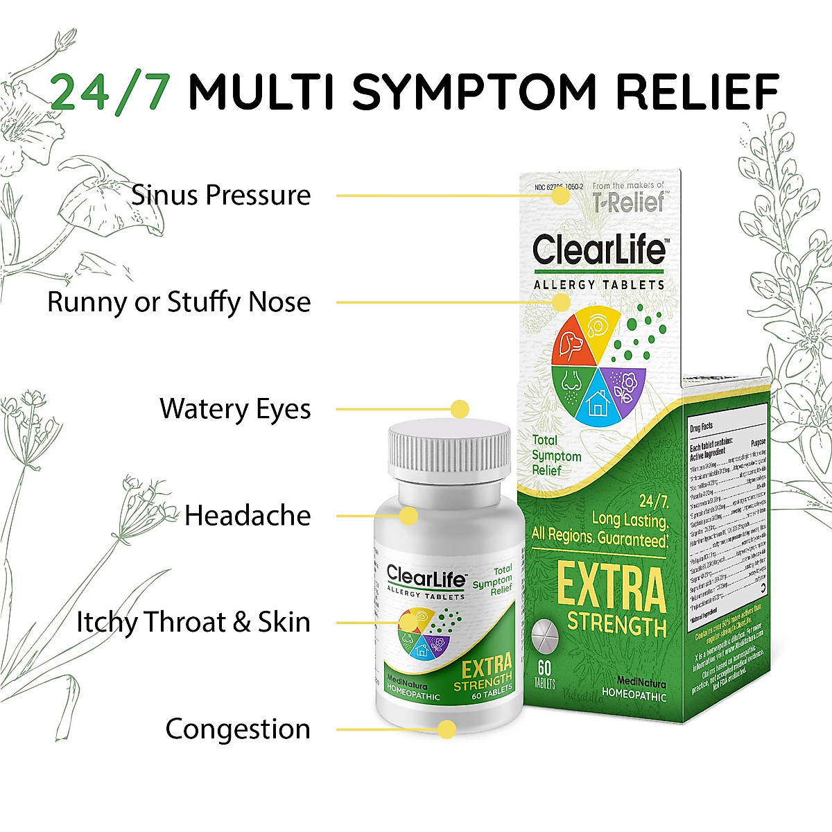 ClearLife Extra Strength Multi-System Allergy Relieving Homeopathic Remedy - 15 Powerful Actives Provide Potent Maximum Congestion, Itchiness & Sinus Pressure Relief - Non-Drowsy - 60 Tablets