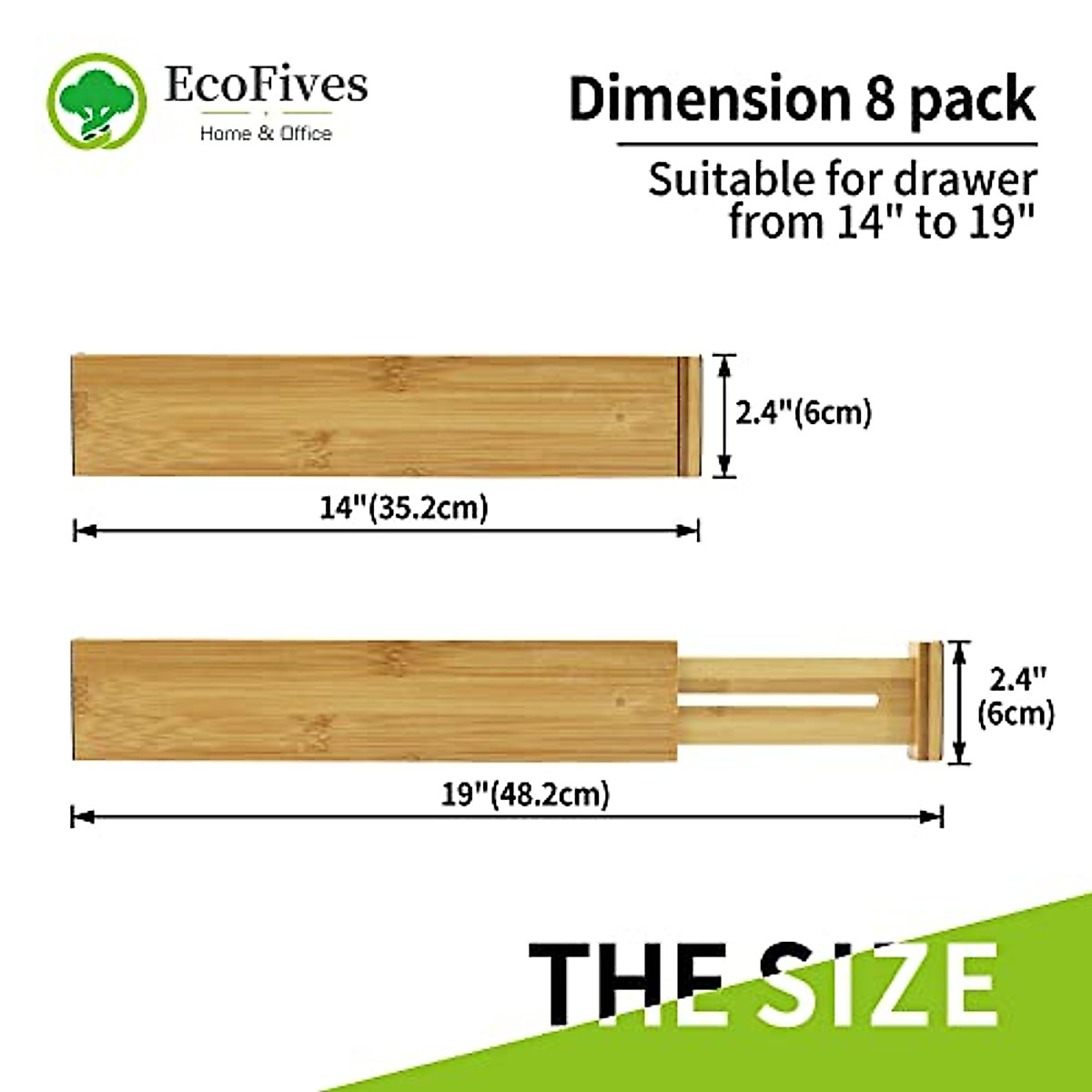 EcoFives Bamboo Separators, Expandable Drawer Divider, Adjustable Spring Loaded Drawer for Kitchen, Dresser, Bedroom, Baby Drawer, Bathroom & Office, Set of 8