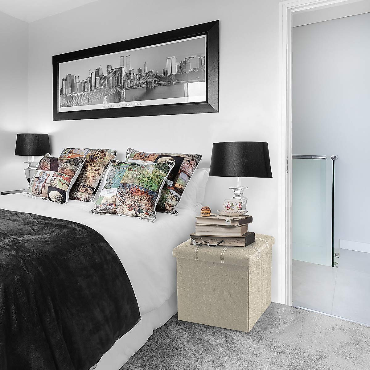 YOUDENOVA 15 inches Storage Ottoman Cube, Foldable Storage Boxes Footrest Step Stool, Padded Seat for Dorm Living Room, Support 300lbs, Line Fabric Beige