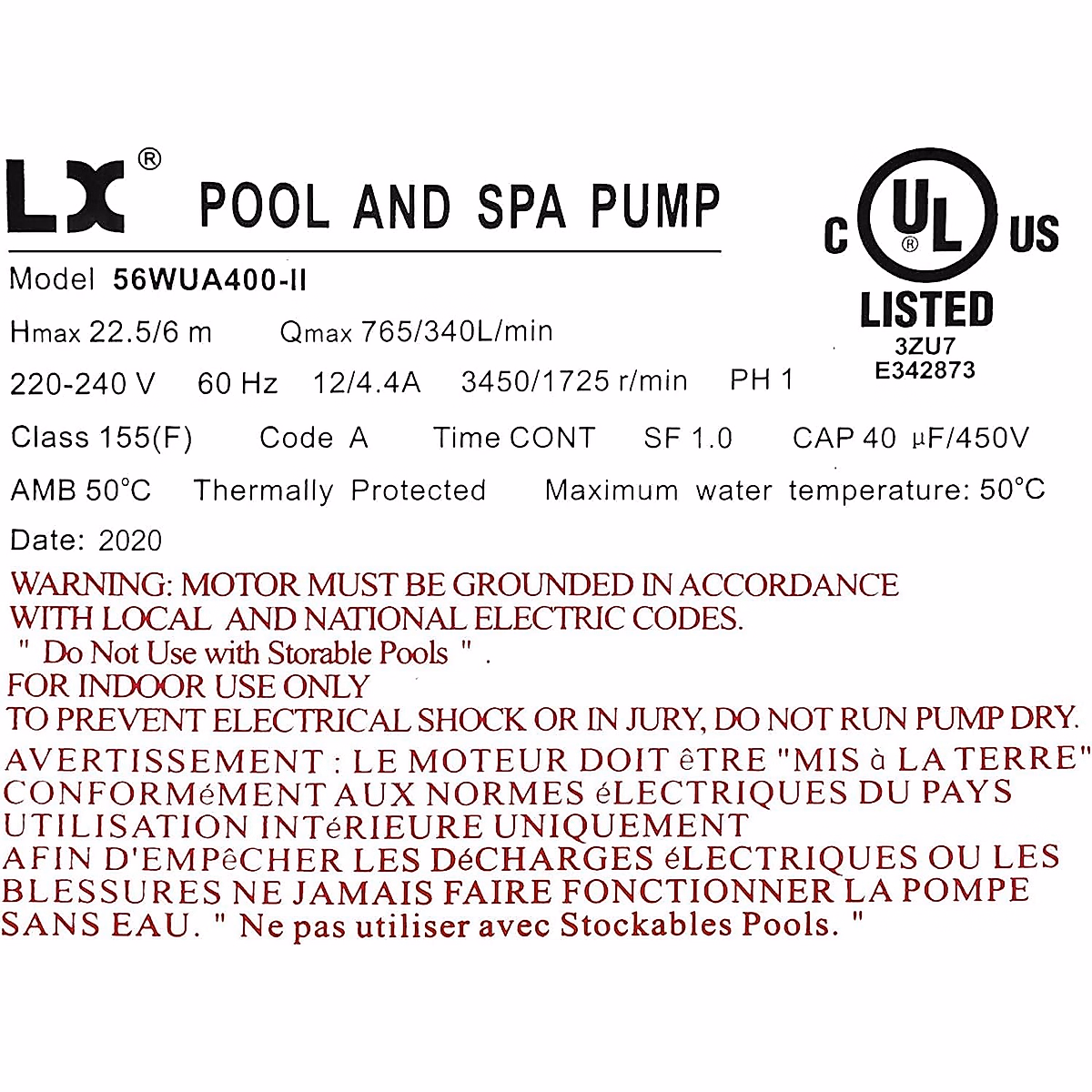 Pump, LX, 4.0HP, 2 SPD, 230V, 12A / 4.4A, 56WUA400-II Baseless, 2”