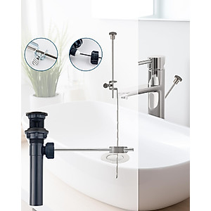 Bathroom Sink Drain with Lift Rod, Pop Up Sink Drain with Overflow, Brushed Nickel Drain Stopper for Vessel Sink, Assembly for Bathroom Faucet