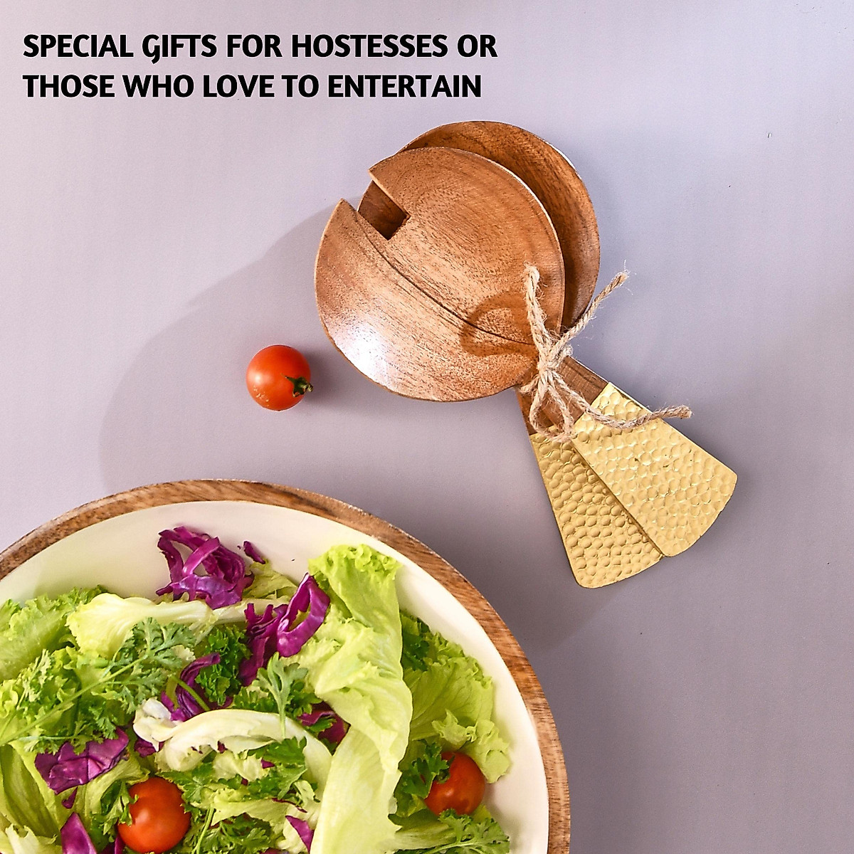 Folkulture Salad Hands or Salad Servers, Set of 2 Salad Claws for cooking, Kitchen Utensils or Serving Spoons, Wooden Salad Tongs 8 X 4 Inch Spoon and Fork Set (Acacia Wood with Hammered Brass)