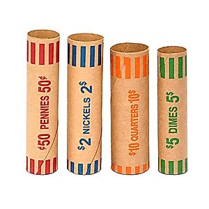 100pcs Assorted Heavy Duty Preformed Coin Wrappers Rolls - Quarters, Pennies, Nickels and Dimes (Total 100 pcs)