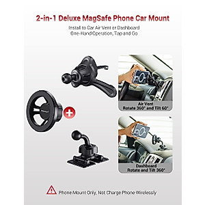 PROfezzion Deluxe Metal Version for MagSafe Car Mount, 2 in 1 Combo Magnetic Phone Holder for Car Vent or Dashboard Compatible with iPhone 15 14 13 12 Pro Max Plus, MagSafe Case & All Phones
