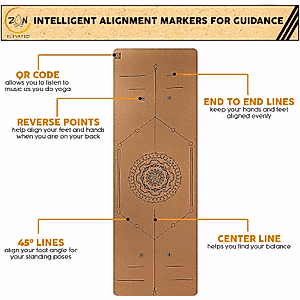 Natural Cork Yoga Mat 5.5mm thick Nonslip Hot Yoga Pilates with Carrying Strap and Lightweight - for hot Yoga and Outdoor or Indoor Yoga - brown chakra wheel design with alignment marks arc lines