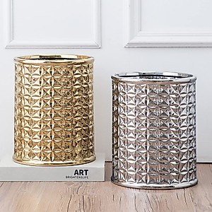 Round Silver Trash Can, Small Wastebasket, Garbage Receptacle Bin for Bathrooms, Powder Rooms, Kitchens, Home Offices - Durable Ceramics