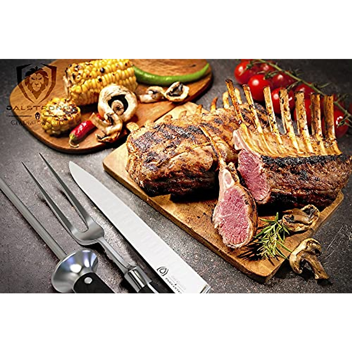 Dalstrong Carving Knife & Meat Fork Set - Gladiator Series Elite - 8" Honing Rod - Forged HC German Steel - 9 inch Carving Knife & Sheath - Hollow Ground Carving Set - Matching Fork - NSF Certified