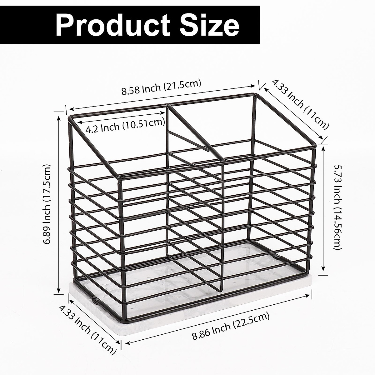 Jeasor Utensil Holder for Kitchen Counter, Metal Utensil Holder Rack for Kitchen Countertop, Cooking Tools Storage for Spatula, Utensil Organizer with Sturdy Base, and Drainage Hole (Black Marble)