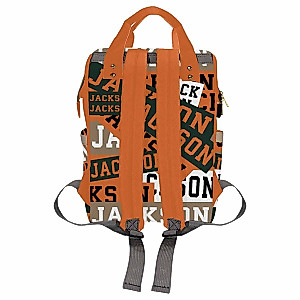 Customized Diaper Bag Backpack, Black and Orange Name Personalized Backpack with Text Mommy Nappy Baby Bag Shoulders Bag Casual Daypack Daycare Bag Travel Bag for Dad Mom