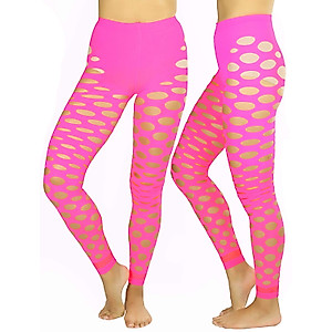 ToBeInStyle Women's Fishnet Slashed Leggings w/Footless Design - One Size - Hot Neon Pink