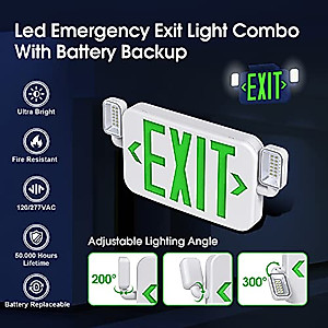 SiTiSFi Led Combo Emergency Exit Sign Light with Two Adjustable Head Lights and Backup Battery,US Standard Green Letter Commercial Emergency Exit Lighting,UL 924,120/277V (4Pack)