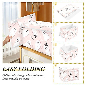 VIGTRO Cute Spooky Ghost Storage Bins with Lids Foldable Storage Boxes with 2 Handles, Pink Boo Halloween Decorative Storage Basket Collapsible for Clothes Books