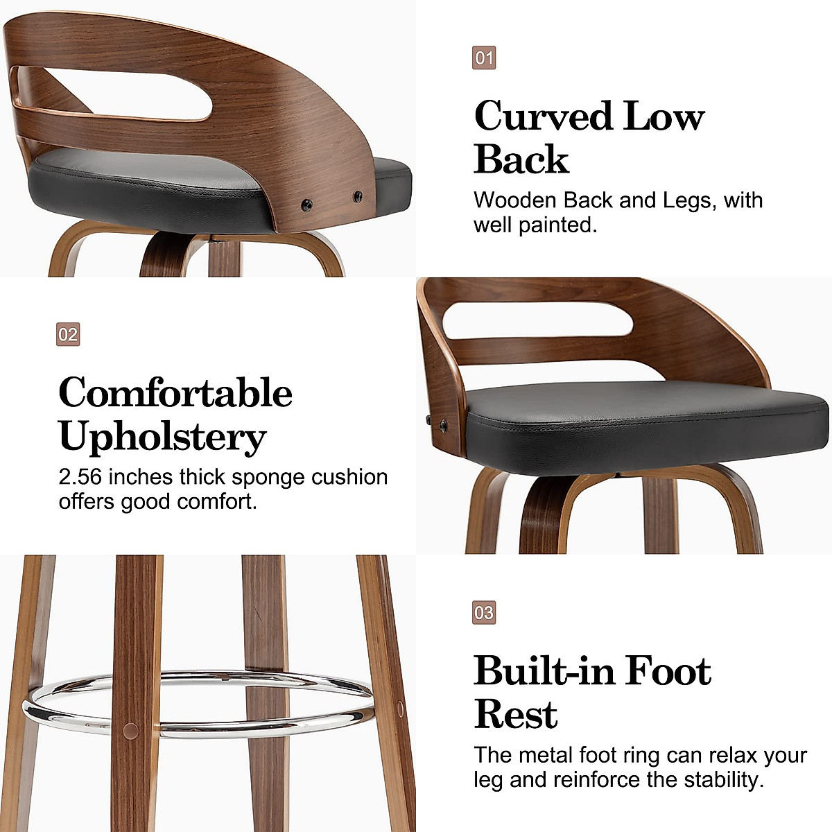 Bar Stools Set of 2, Swivel Bar Height Stools with Walnut Bentwood, Low Back, Upholstered Faux Leather, Soft Cushion Seat, Mid Century Bar Stools for Kitchen/Island/Counter (Black, 30" Seat Height)