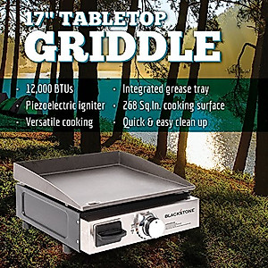 Blackstone 1650 Tabletop Grill Without Hood Propane Fuelled Portable Stovetop Gas Rear Grease Trap for Kitchen, Outdoor, Camping, Tailgating or Picnicking, 17 Inch Griddle, Black