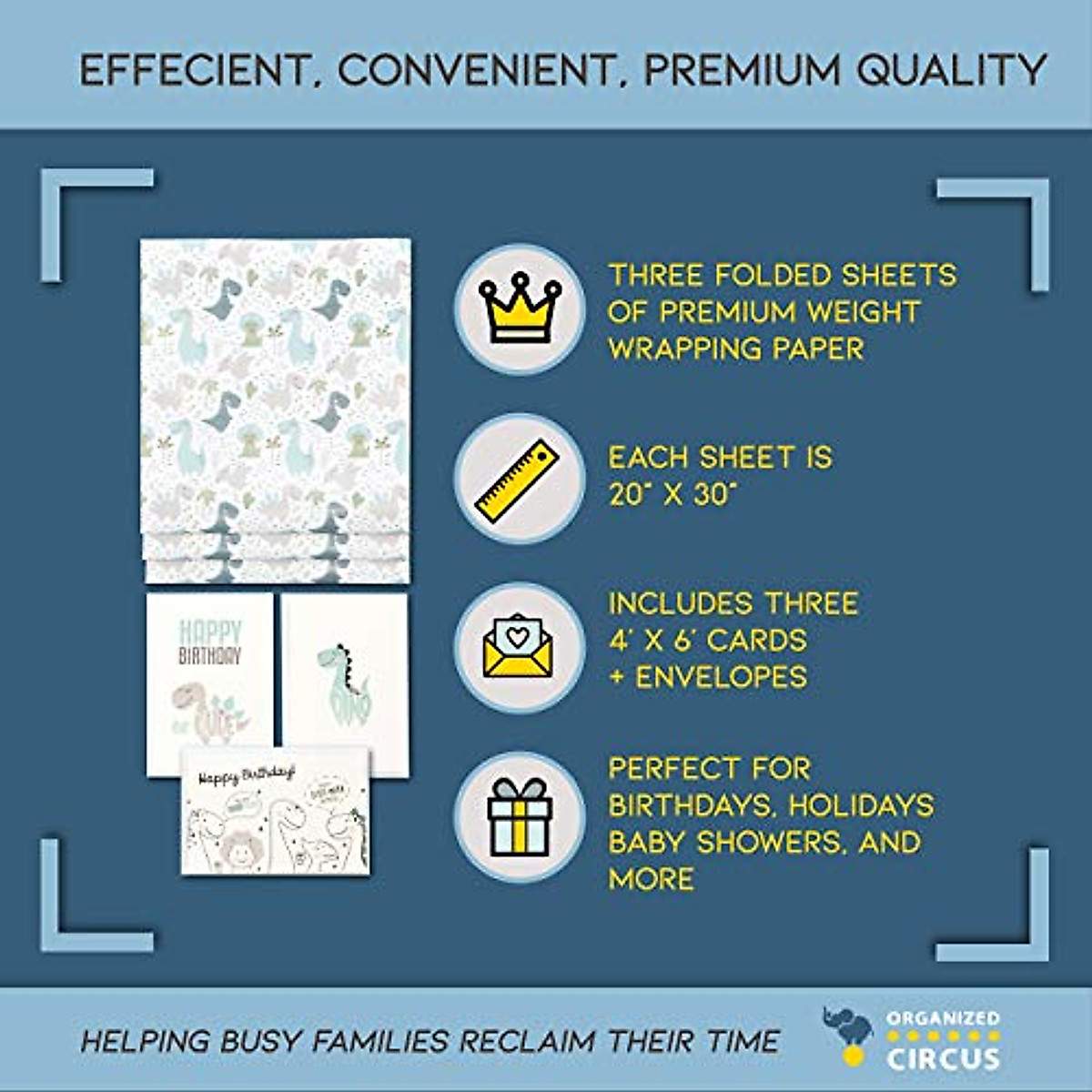 Dinosaur Wrapping Paper with Matching Cards - Premium Happy Birthday Wrapping Paper for Boys and Girls includes 3 Folded Sheets 30 x 20 inches and 3 Coordinating Gift Cards Great for Three Rex Birthday Party Decorations and Baby Wrapping Paper