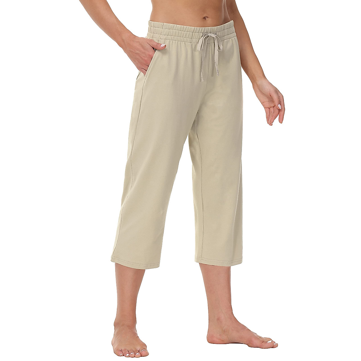 Cakulo 2024 Summer Capri Pants for Women High Waisted Casual Drawstring Wide Leg Cropped Lounge Pants Pockets