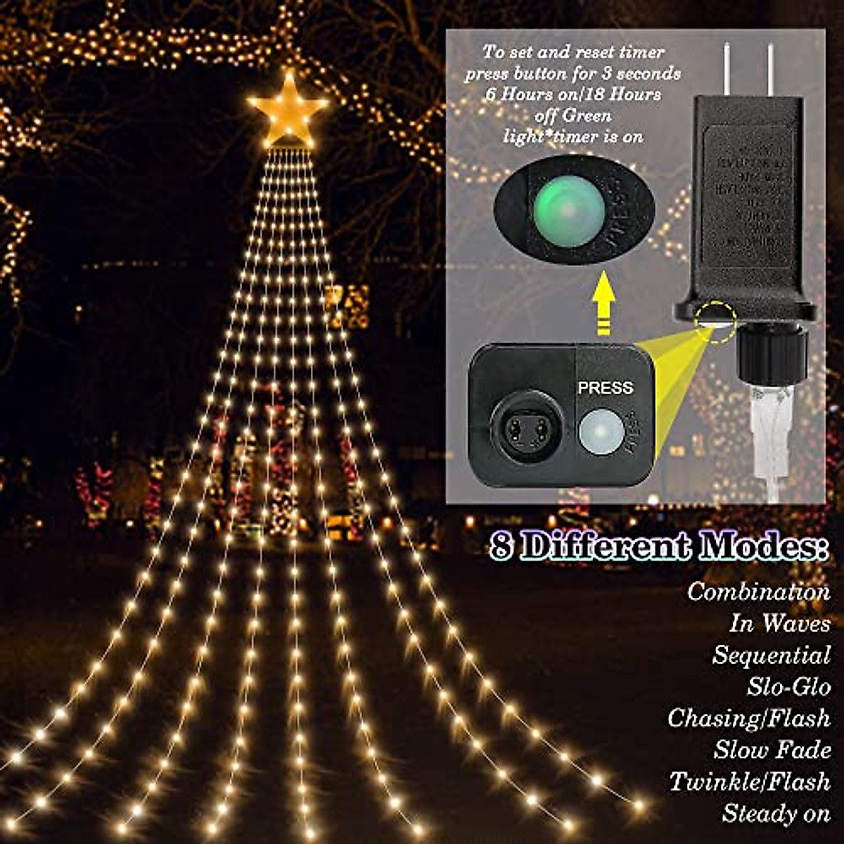 Ghope 298 LED 11.5ft Christmas Decorations Waterfall Lights，8 Modes Timer IP44 Waterproof Christmas Light，Tree Lights with Star Topper，Hanging Fairy Twinkle Lights for Holiday, Party, Wedding