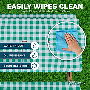 Sorfey Vinyl Umbrella Picnic Table and Bench Fitted Tablecloth Cover, Checkered Design, Flannel Backed Lining, 30x72 Inch, 3-Piece Set, Blue