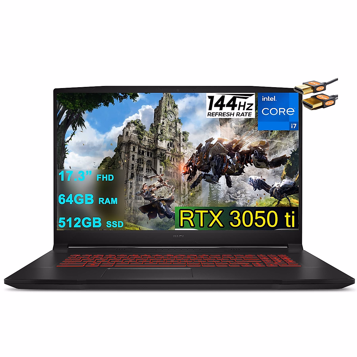 MSI Katana GF76 17 Gaming Laptop 17.3” FHD IPS 144Hz Display 11th Gen Intel 8-Core i7-11800H 64GB RAM 512GB SSD GeForce RTX 3050 Ti 4GB Backlit USB-C Nahimic Win10 Black + HDMI Cable