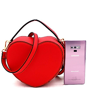Trendeology Cute Heart Shape Girls Womens Vegan Leather Small Handle Satchel Crossbody Purse (Neon-Pink)
