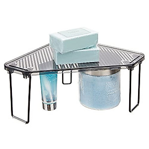 mDesign Plastic/Steel Corner Stackable Rack, Storage Organizer Shelf for Bathroom, Vanity, Countertop, Sink, Cabinet, Holds Makeup, Shower Accessories, Ligne Collection - 2 Pack - Black/Smoke Gray