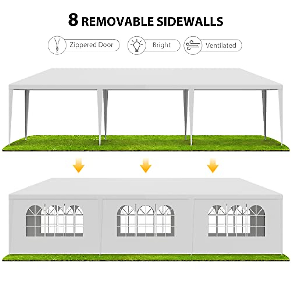 JupiterForce 10 x 30 Outdoor Wedding Party Tent Camping Shelter Gazebo Canopy with Removable Sidewalls Heavy Duty Tent Gazebo Storage BBQ Pavilion Canopy Cater Events, White(10' x 30')