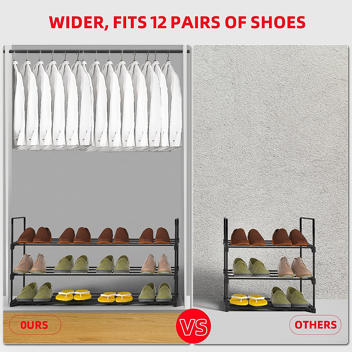 BIWHALE 3-Tier Stackable Shoe Rack, Expandable & Adjustable Fabric Shoe Shelf Storage Organizer, Black