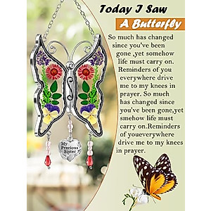 KY&BOSAM Butterfly Suncatcher Stained Glass Hangings for Windows My Precious Sister Sun Catcher Pressed Real Flower Wing in Glass Dream Catchers Birthday Mother`s Day Wind Chimes Charm