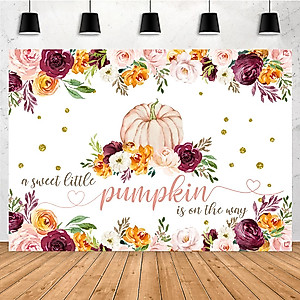 Aperturee 7x5ft Fall Pumpkin Baby Shower Backdrop Autumn Red Pink Yellow Floral Gold Glitter Photography Background A Sweet Pumpkin is On The Way Girl Princess Thanksgiving Photo Studio Booth Banner
