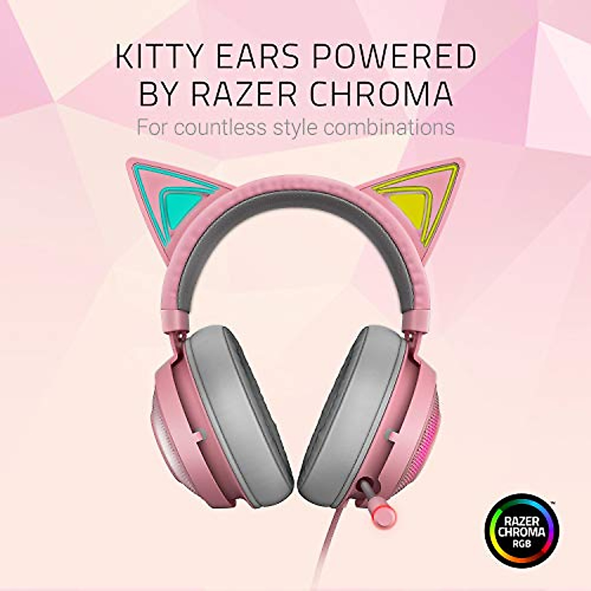 Razer Kraken Kitty - Gaming Headset (The Cat Ear Headset with RGB Chroma Lighting, Microphone with Active Noise Reduction, THX Spatial Audio, Controls on The Ear Cup) Pink/Quartz