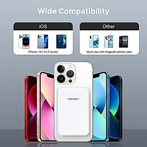 NOHON Wireless Charger Portable Mag-Safe-Battery Pack: 10000mAh Power Bank PD 20W Fast Charging with USB-C Cable, External Powerbank for Mag-Safe, for iPhone 15 14 13 12 Mini Pro Pro Max (White)