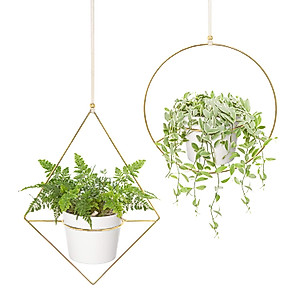 Mkono Macrame Plant Hanger Indoor 35 Inch Hanging Planter Basket Set of 2 and Boho Hanging Planter Metal Plant Hanger with Plastic Pots Fits 6 Inch Planter Set of 2
