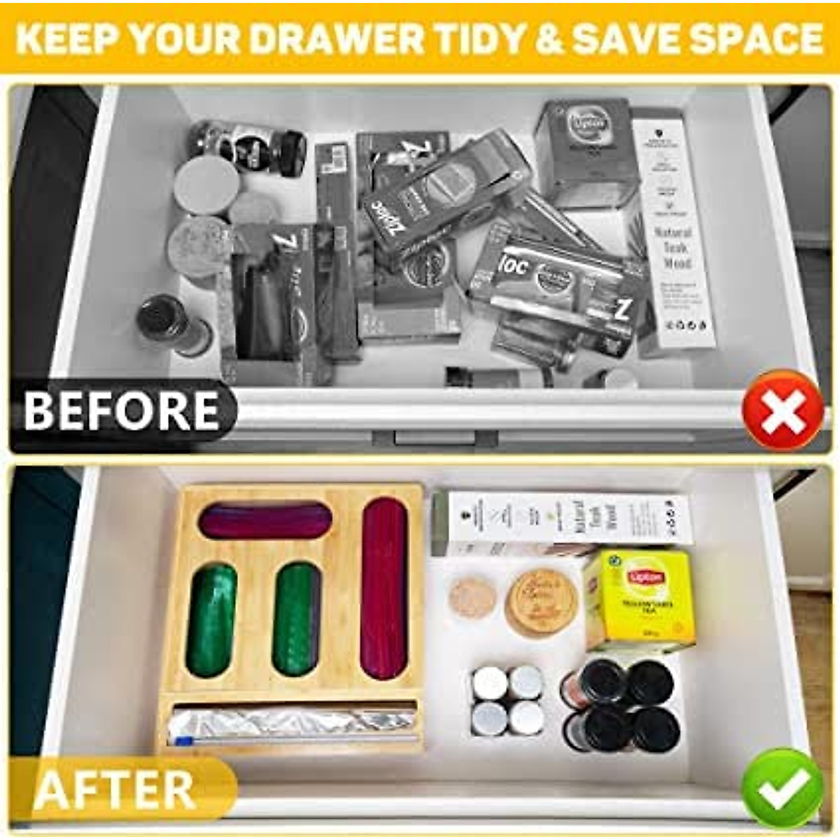 Ziplock MAJAZ Bag Storage Organizer, Food Storage Bag Holders, Bamboo Sandwich Bag Organizer, Kitchen Drawer Organizer for Ziplock Bag, Gallon Quart Snack Sandwich and Slider Bag Dispenser