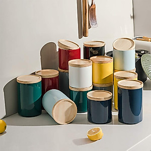 Sweejar Kitchen Canisters Ceramic Food Storage Jar, Stackable Containers with Airtight Seal Wooden Lid for Serving Ground Coffee, Tea, Sugar, Salt and More - 16 Fl Oz (White)