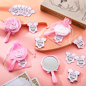 24 Sets Baby Shower Party Favors 24 Pcs Pink Rose Design Handheld Mirrors Thank You Gift Cards and Organza Bags for Guest Gifts Girls Baby Shower Gender Reveal Party Supplies