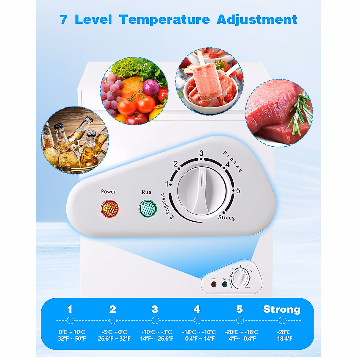 Kazigak Compact Chest Freezer, 3.5 Cu.Ft. Deep Freezer with Basket, 6 Level Adjustable Temperature, Top Door Mini Freezer White