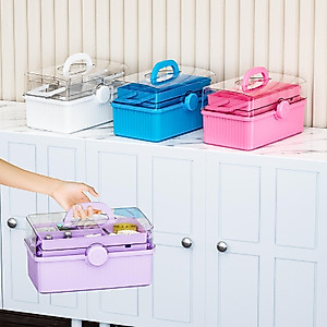 SuoXing 13'' Three-Layer Clear Plastic Storage Box/Tool Box, Multipurpose Organizer and Portable Handled Storage Case for Art Craft and Cosmetic (Purple)