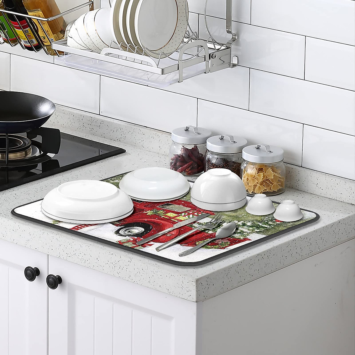 C.IOPMNU Christmas Red Truck Dish Drying Mat - 18" x 24" Microfiber Dish Mat Absorbent Drying Pad Heat-resistant Dish Drainer Mats for Kitchen Countertop