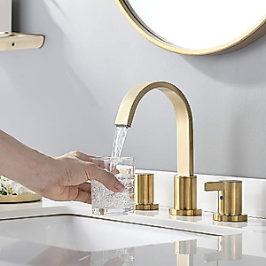 Phiestina 8 Inch 3 Hole 2 Handle Waterfall Widespread Brushed Gold Bathroom Sink Faucet with Metal Pop-Up Drain, WF040-1-BG