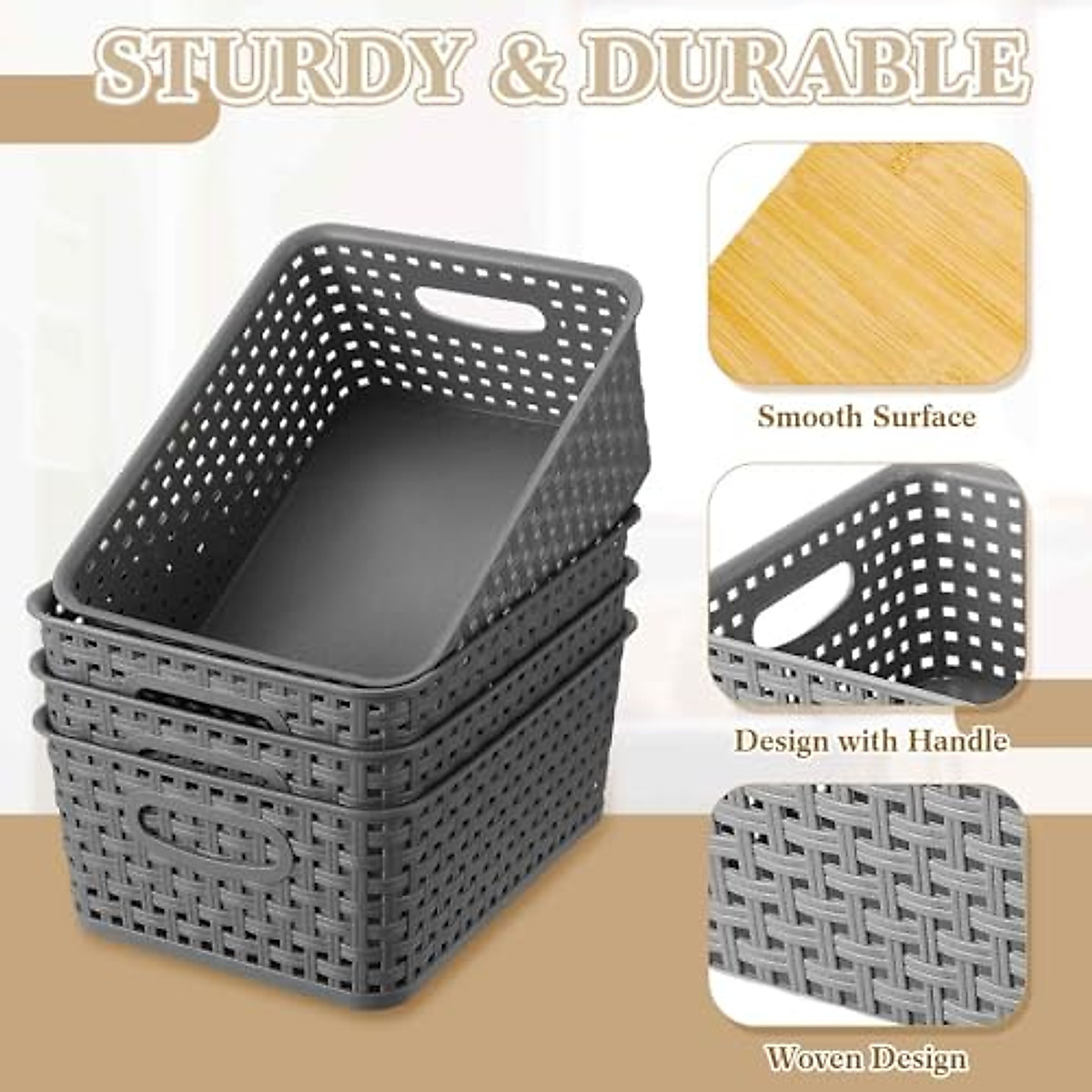 Barydat 4 Pack Plastic Storage Baskets with Bamboo Lid Pantry Organization Storage Containers Lidded Bins Container for Shelves Drawers Desktop Closet Playroom Classroom Office(Gray)