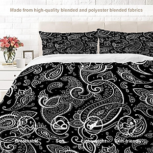 BaoNews Black Paisley Floral Duvet Cover Set Full Size,3 Pieces Bandana Silk Neck Scarf Kerchief Bedding Set Hotel Quality PolyesterComforter Cover Set with 2 Pillowcases(No Filler)